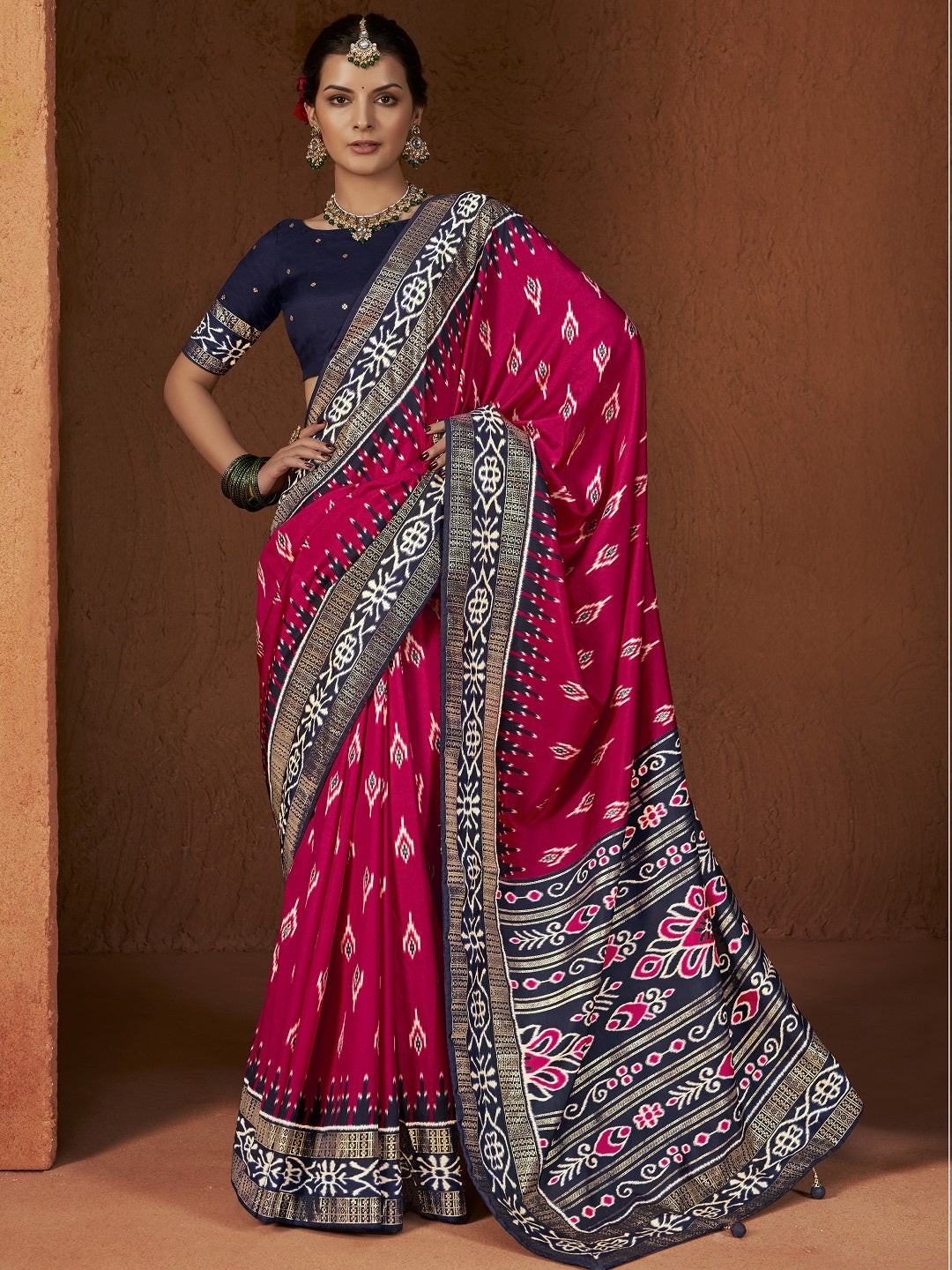 Ikat Printed Zari Border Silk Saree – Trendphoria