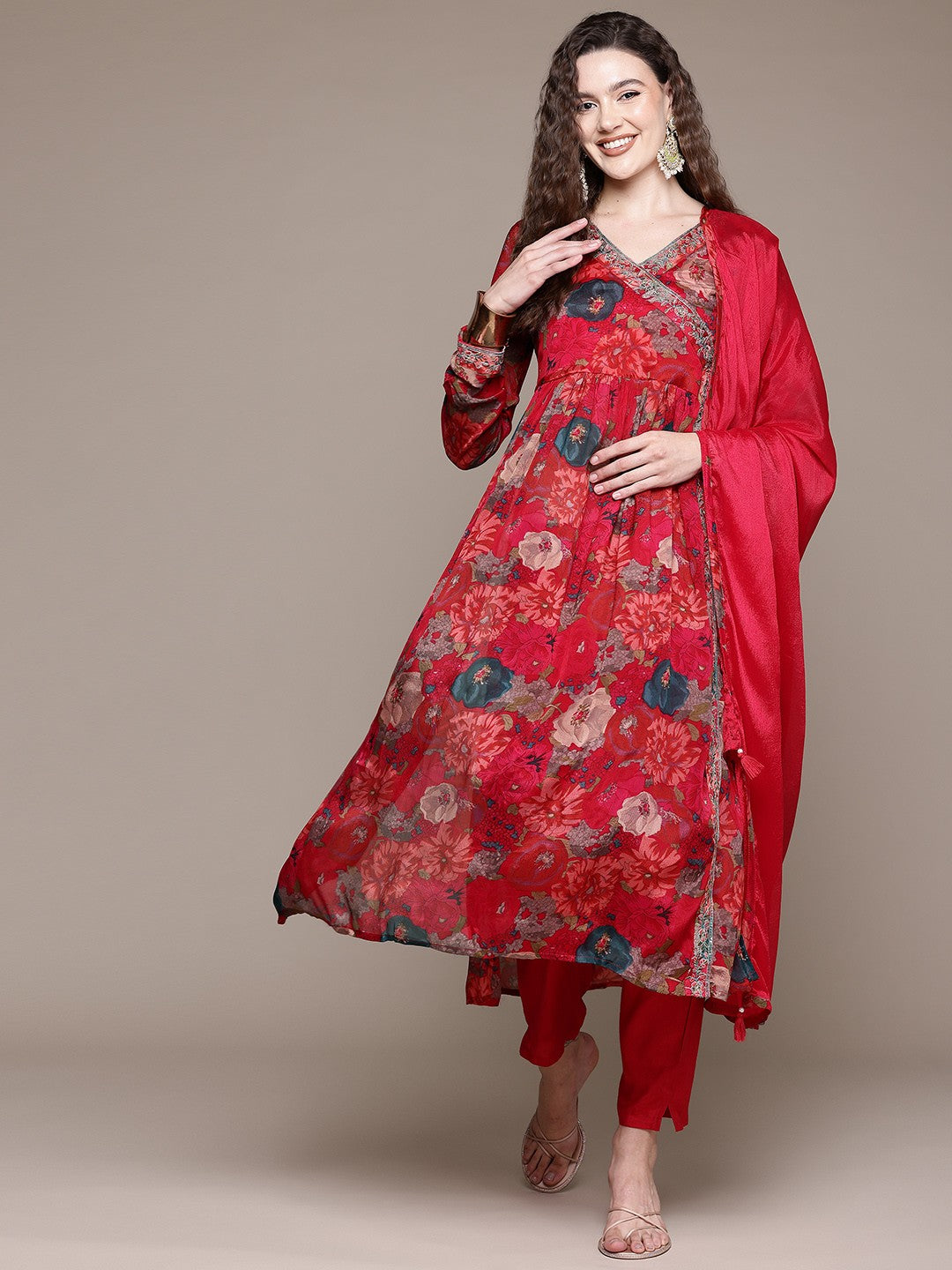 Flared Style Silk Fabric Red Color Kurta With Bottom And Dupatta ...