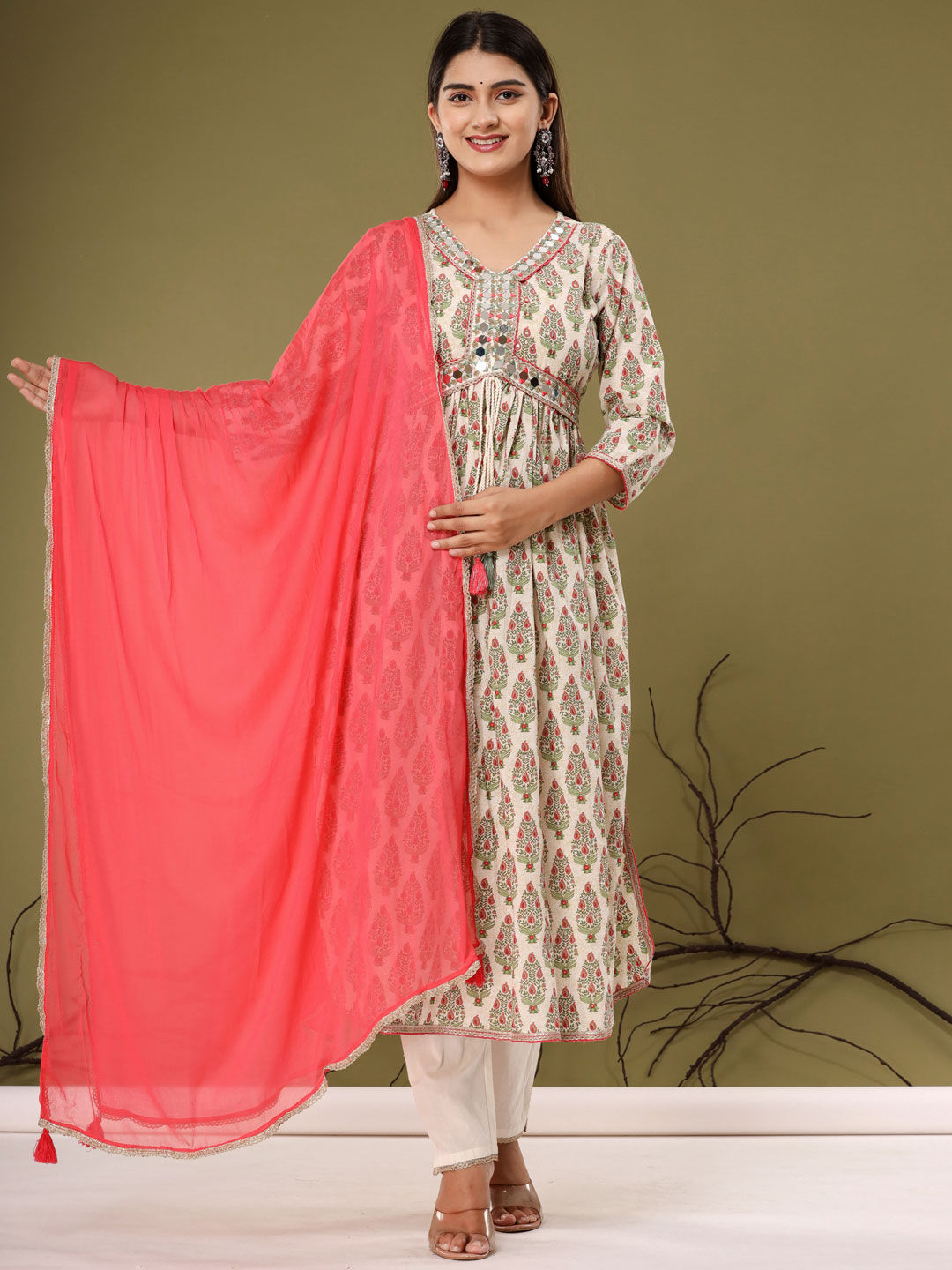 Flared Style Cotton Fabric Cream Color Kurta With Palazzo & Dupatta ...