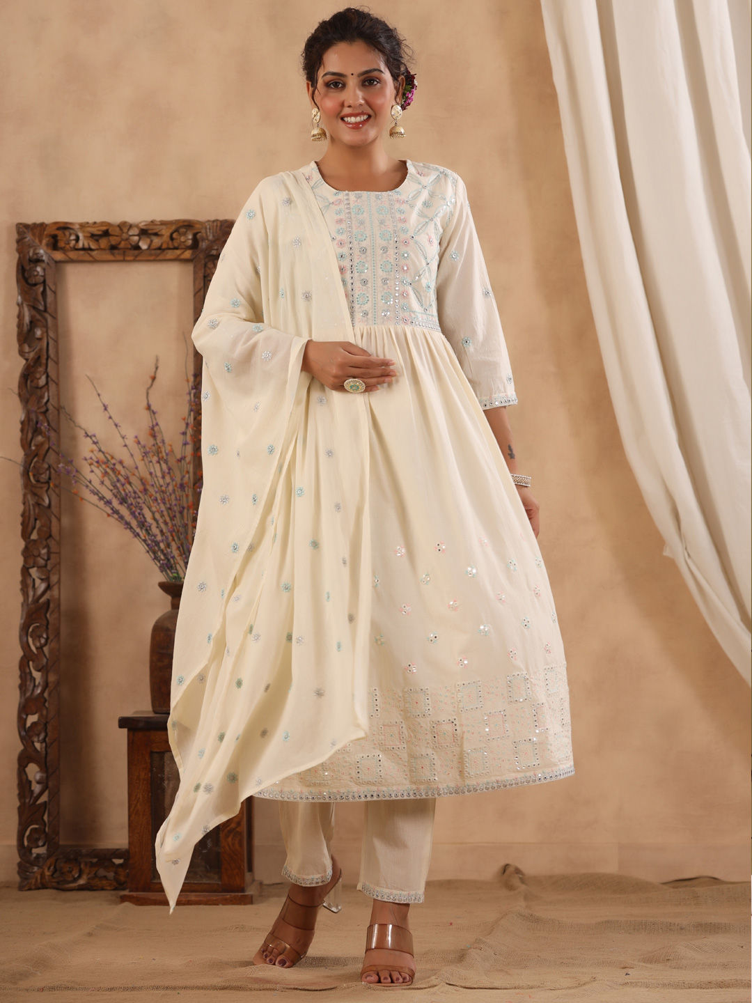 Flared Style Cotton Fabric Cream Color Kurta With Bottom & Dupatta ...