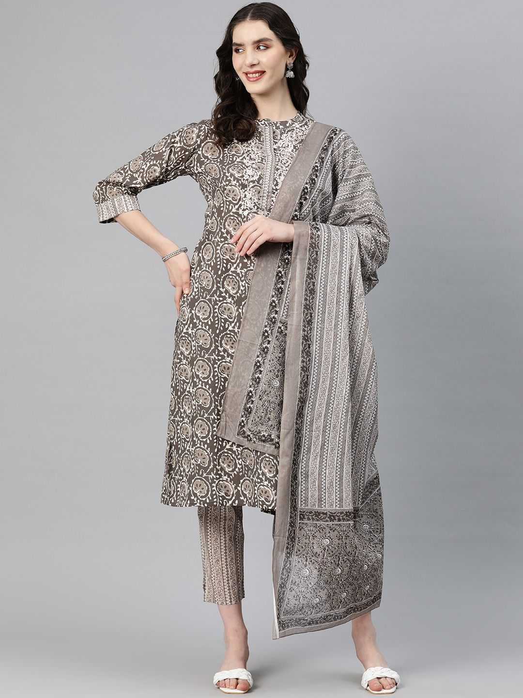 Straight Style Cotton Fabric Grey Color Kurti And Bottom & Dupatta ...