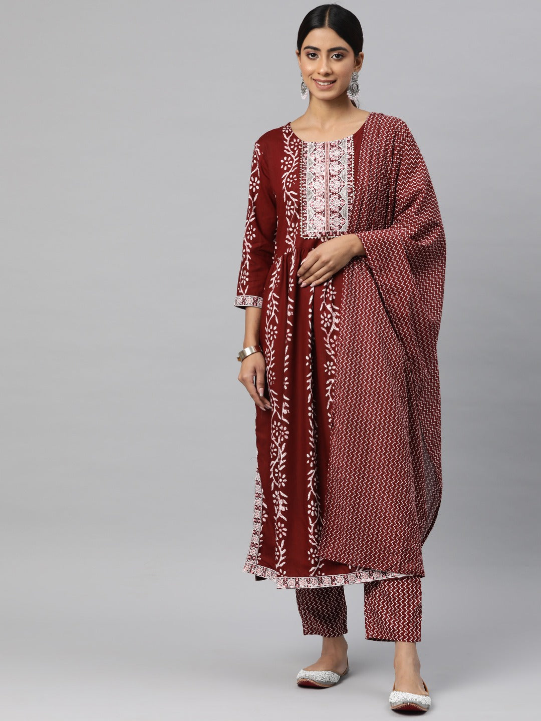 Flared Style Cotton Fabric Maroon Color Kurta And Bottom With Dupatta ...