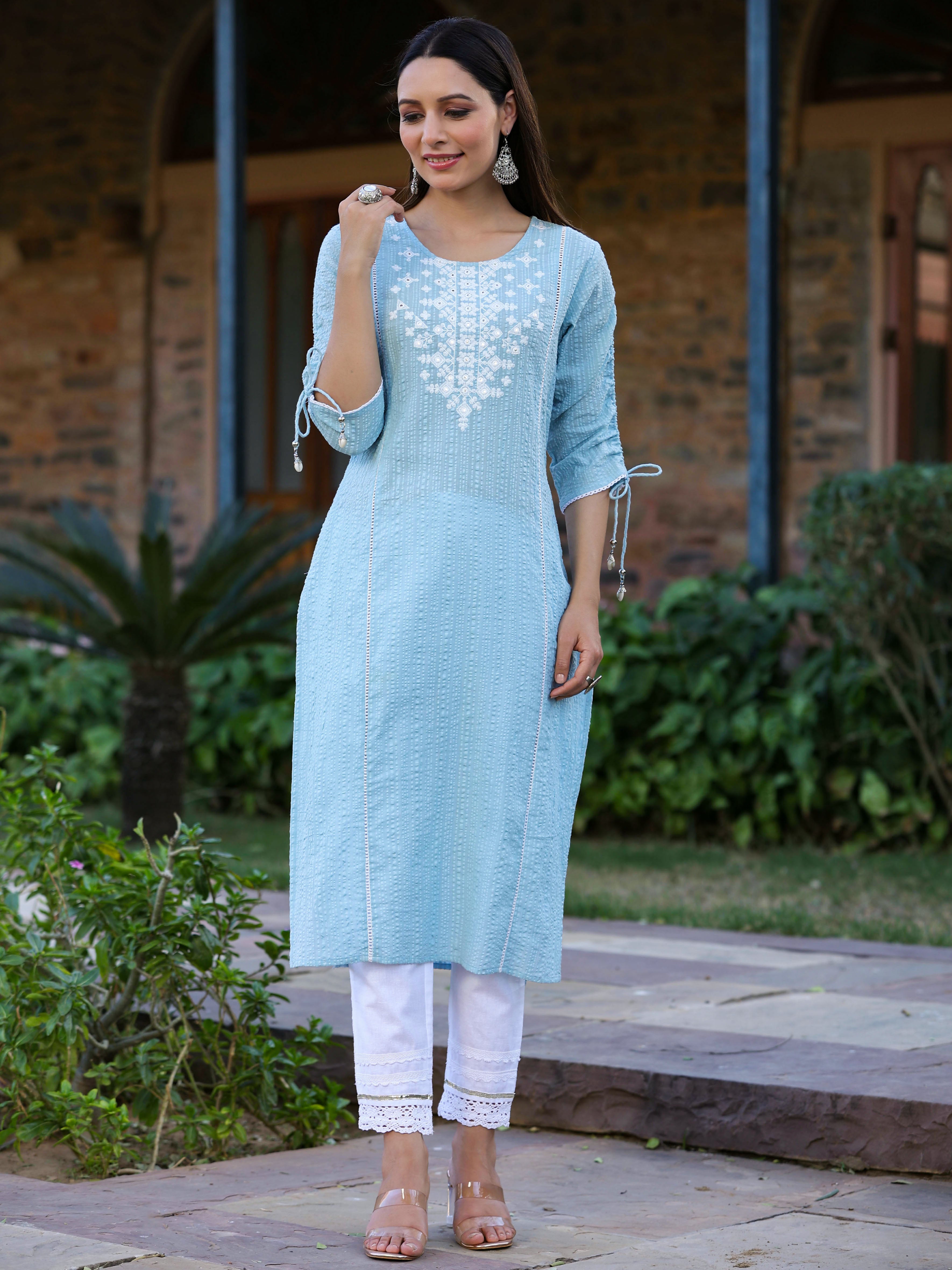 Blue Sheer Sucker Embroidery Straight Kurta – Trendphoria