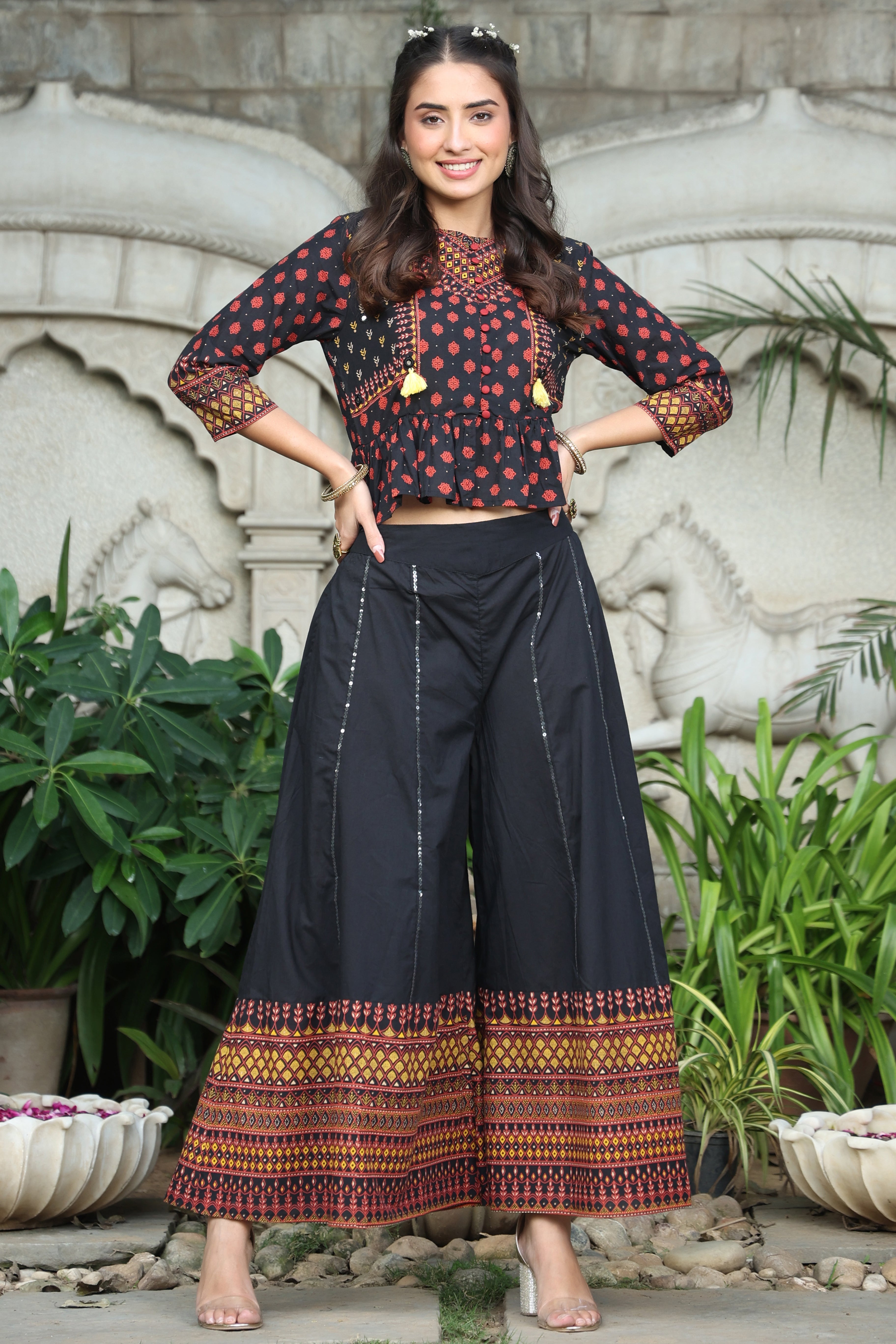 Black Cambric Printed Peplum Clothing Set – Trendphoria